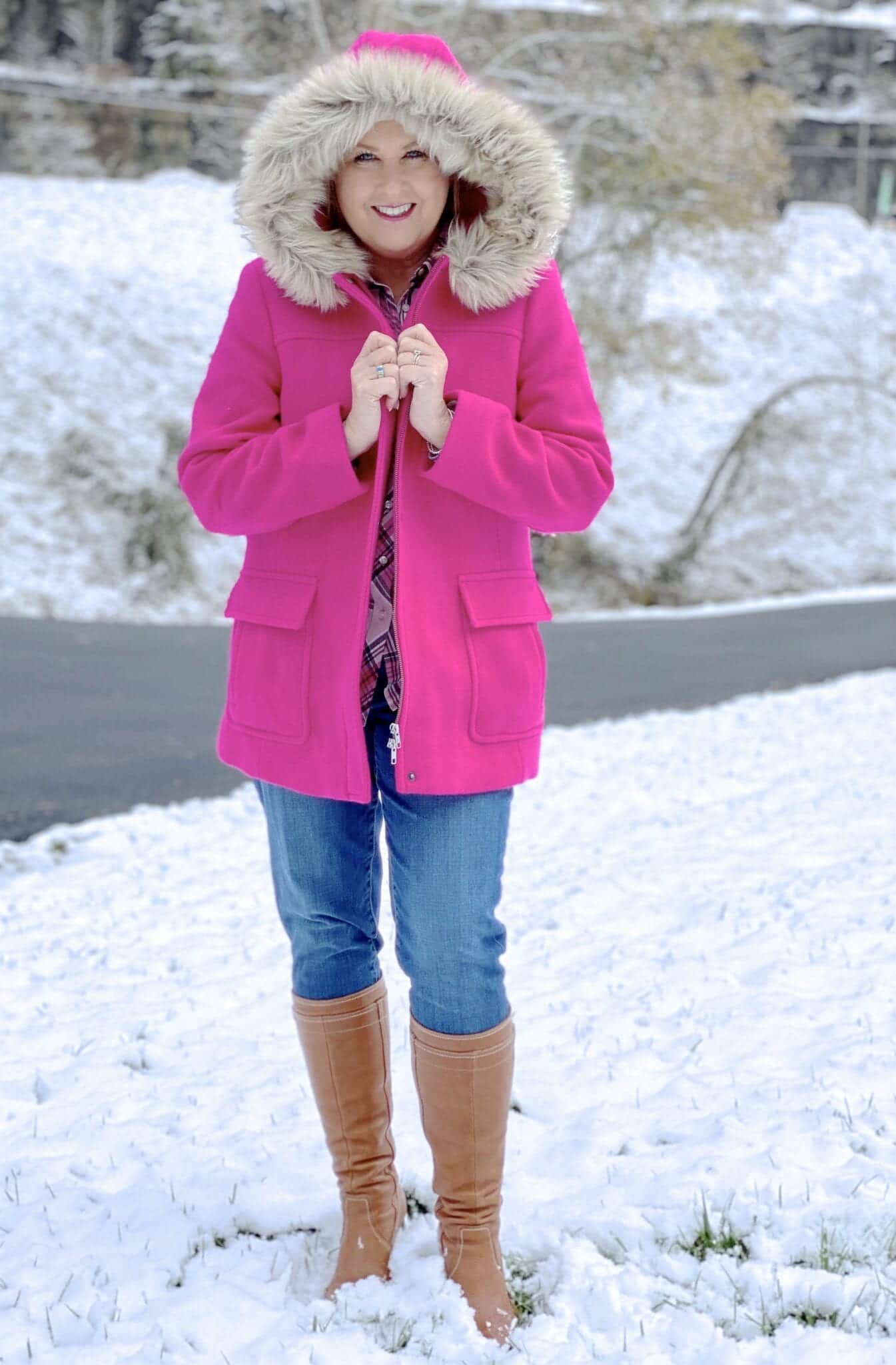 HOW TO WEAR A BRIGHT PINK COAT IN WINTER